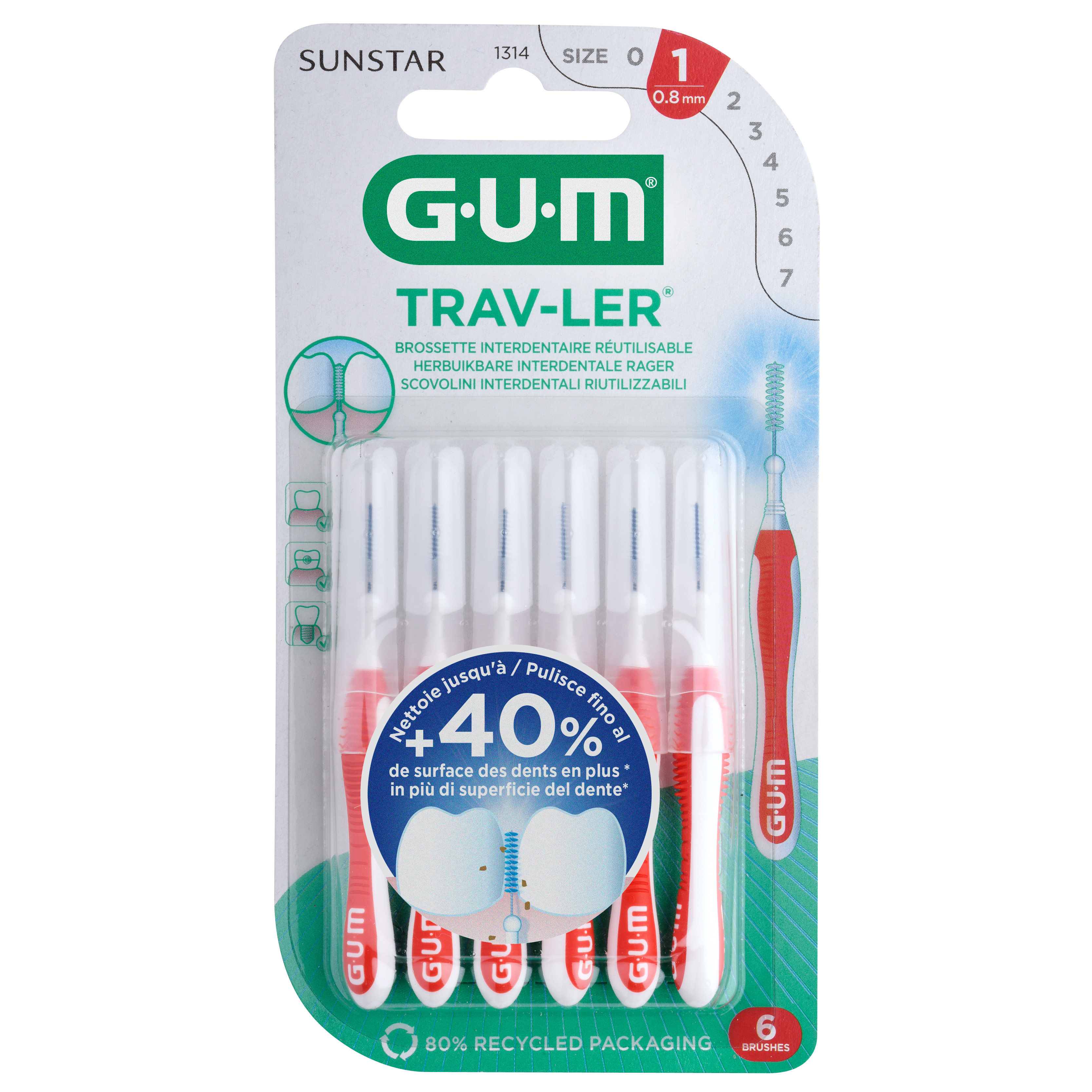 GUM Trav-Ler 0,8 mm 6 pcs - Fil dentaire - Brossette interdentaire ...