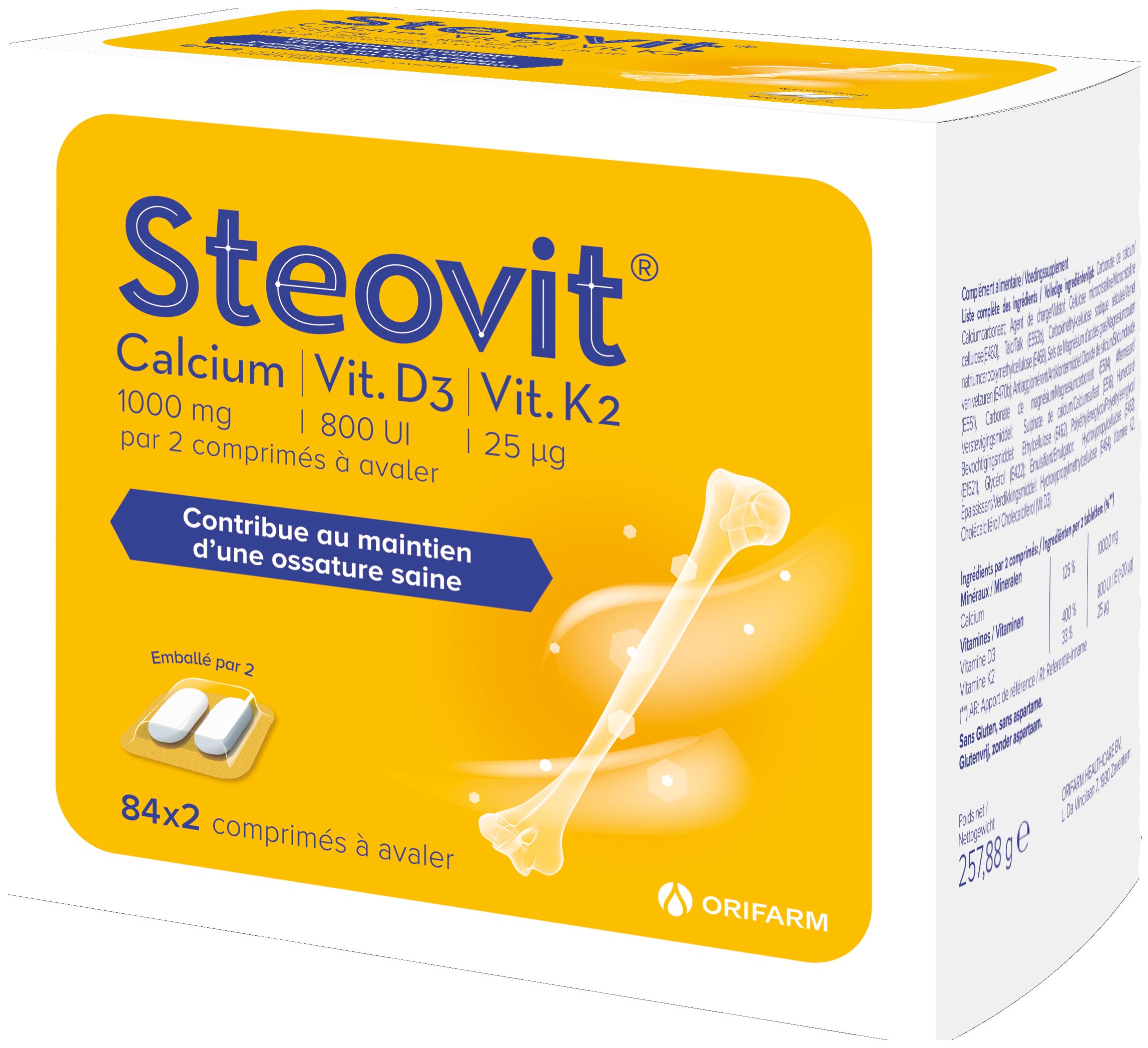 Steovit Calcium Vitamine D3/K2 1000mg/880UI 2x84 Comprimés - Vitamines ...